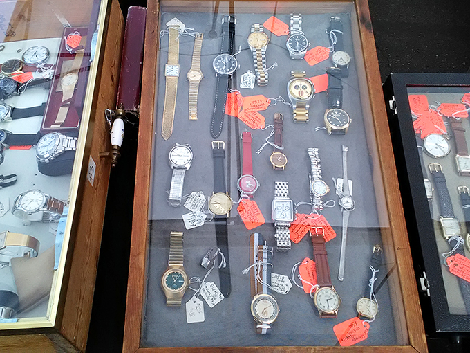 Vintage timepieces under glass &ndash; each one frozen at a moment someone once cared enough to wind. Time literally for sale!