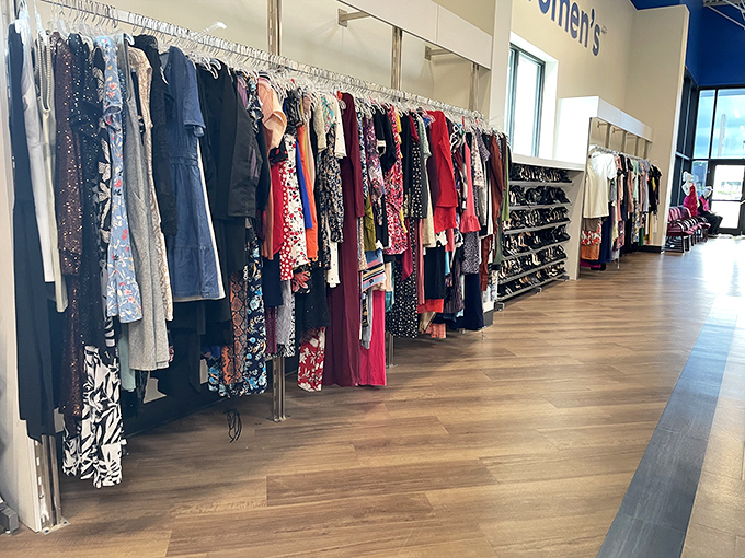 The dress section: where prom memories and wedding guest outfits hang patiently, waiting for their next special occasion.