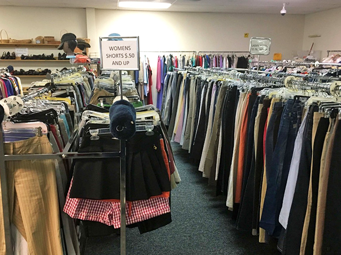 Women's clothing racks stretch toward the horizon like a fashionista's yellow brick road. The thrill of the hunt is half the fun!