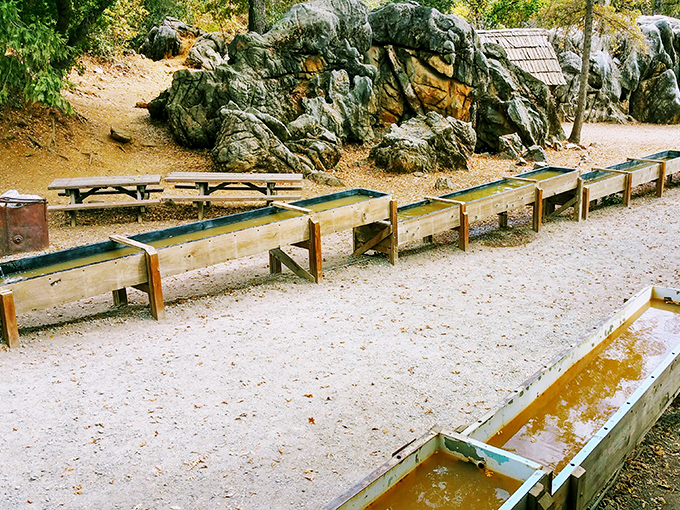 These wooden sluices aren't just historical displays&mdash;they're working gold panning stations where modern visitors can experience the thrill of possibly striking it rich.