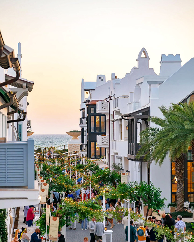 Alys Beach's white architecture rises from dunes like a Mediterranean dream that learned to love.