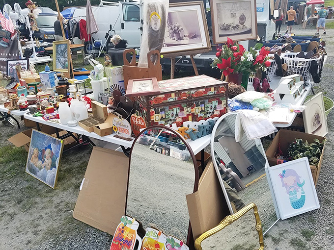 Handcrafted items and framed artwork create an impromptu gallery. One person's spring cleaning becomes another's living room centerpiece.