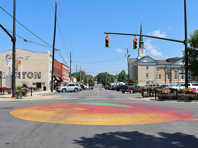 Clanton's colorful downtown intersection features a painted circle that seems to say, "Slow down, you've found an affordable paradise."