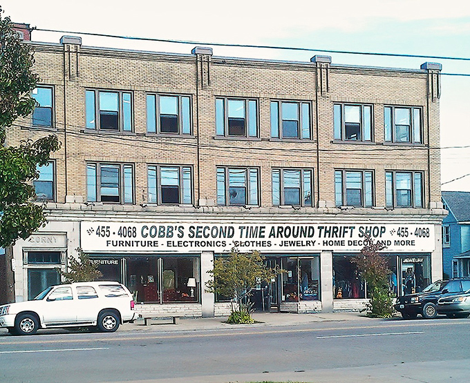 Cobb's historic multi-story building dominates the streetscape. A thrifting institution where Erie's past and present treasures mingle.