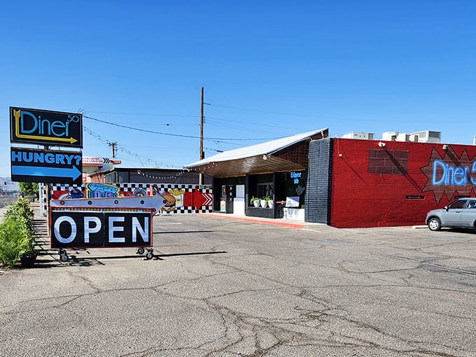 Bold red and checkered patterns announce serious diner intentions - no pretense, just great food.