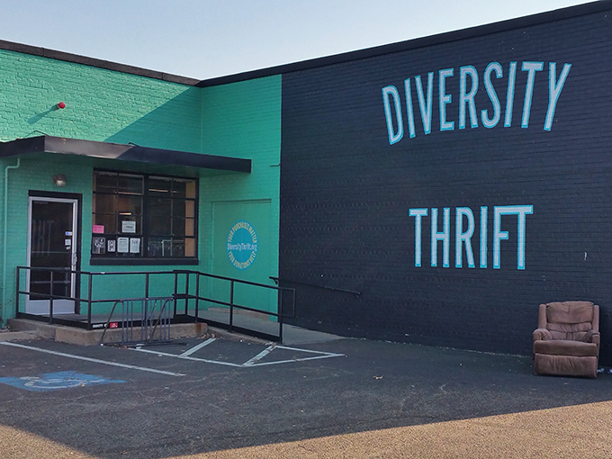 Diversity Thrift's vibrant teal and black exterior announces: "Boring shopping trips need not apply." Personality starts at the parking lot!