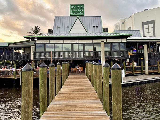 Wooden walkway to paradise! Doc Ford's inviting pier leads straight to waterfront tables where golden hour transforms the bay into liquid amber.