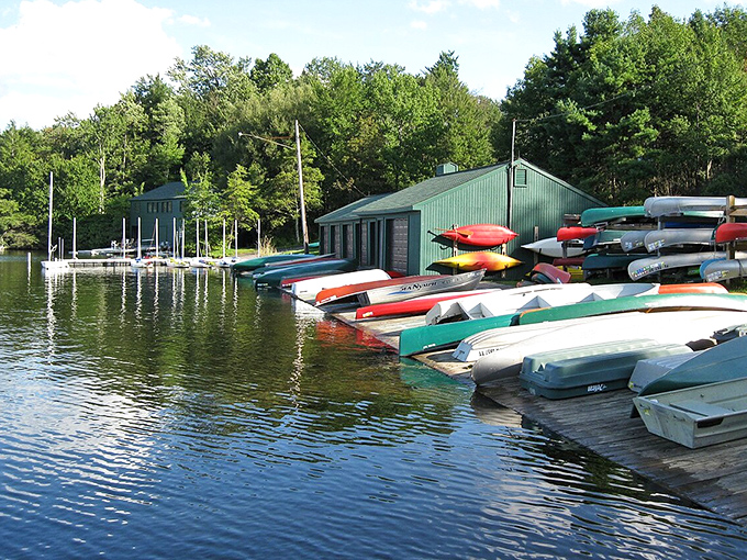 Eagles Mere's lakeside boathouse holds colorful vessels ready to carry adventurers across waters so clear they seem almost magical.
