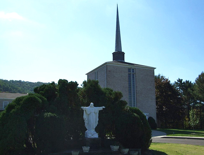 Modern church spire reaches skyward in a community where faith and friendship come standard with residency.