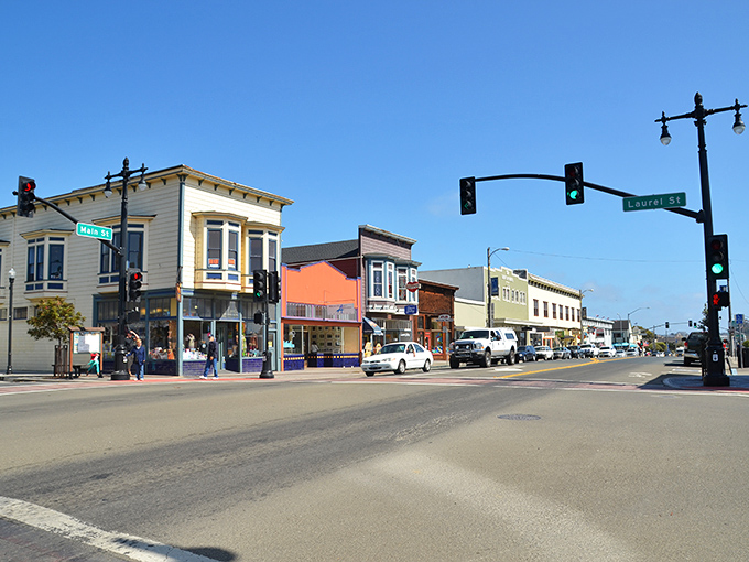 Fort Bragg's corner of Main and Laurel&mdash;where Victorian architecture meets sea salt air in a perfect coastal handshake.