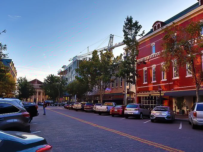 Nighttime in Gainesville transforms charming storefronts into a cozy backdrop for affordable evening dining adventures.