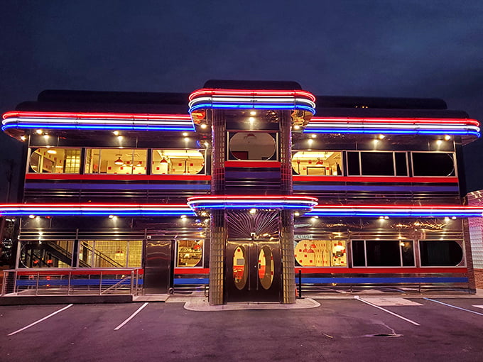 Gleaming chrome diner perfection that looks like it rolled straight out of a 1950s American dream.
