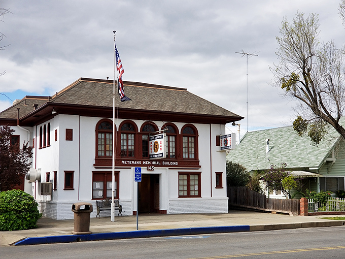 Gustine's Veterans Memorial Building stands as a proud reminder of community values and architectural dignity from simpler times.
