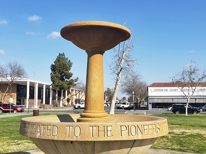 The Pioneer Fountain in Hanford stands as a testament to California's agricultural heritage and community pride.