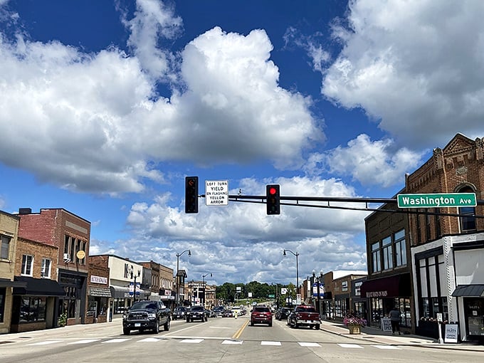 Washington Avenue whispers, "Affordability ahead!" Hutchinson's cloud-dotted skyline frames budget-friendly downtown living.