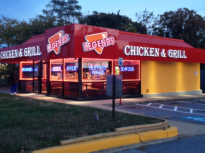 Legends' glowing red signage against the twilight sky is like a bat signal for hungry folks. The chicken crusader we all need.