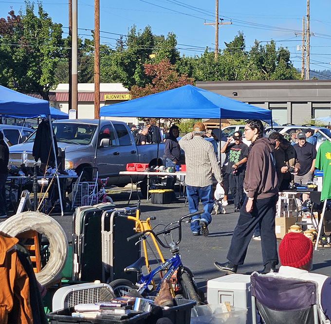 North Portland Flea Market proves you don't need walls to create shopping magic. Blue canopies, eager shoppers, and mountains of merchandise&mdash;what more could you want?