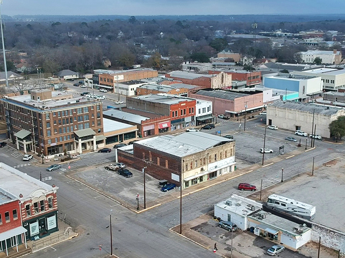 Palestine's downtown aerial view reveals a compact, walkable community where neighbors become lifelong friends quickly.