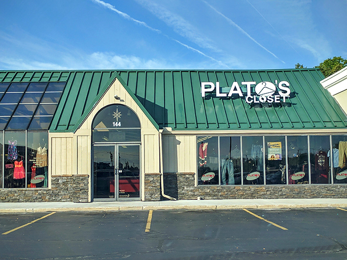 Plato's Closet's distinctive green roof signals a teen fashion oasis where last season's mall splurges become this season's steals.