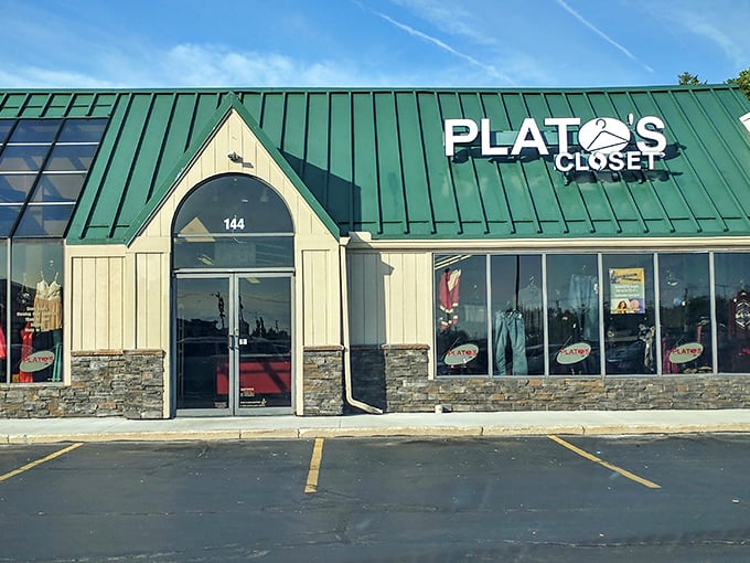 Plato's Closet's green-roofed storefront offers a more curated thrifting experience for the fashion-conscious bargain hunter.