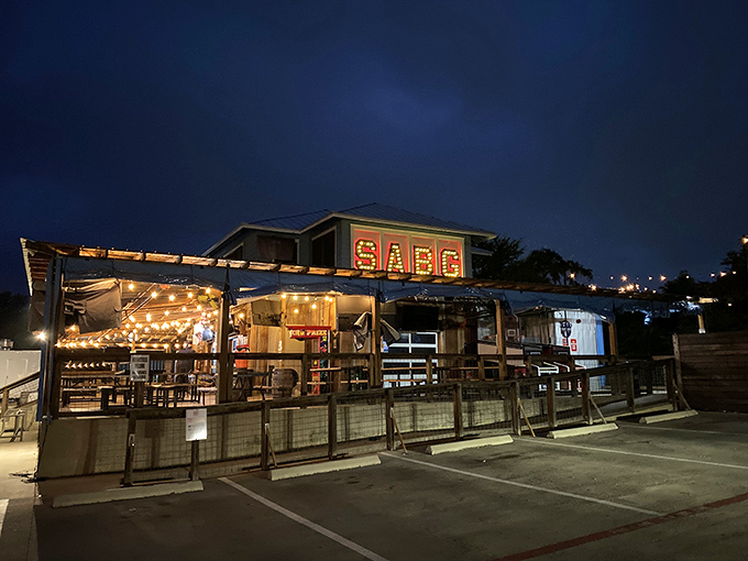 South Austin Beer Garden's rustic charm shines at night, when string lights transform wooden beams into something magical.