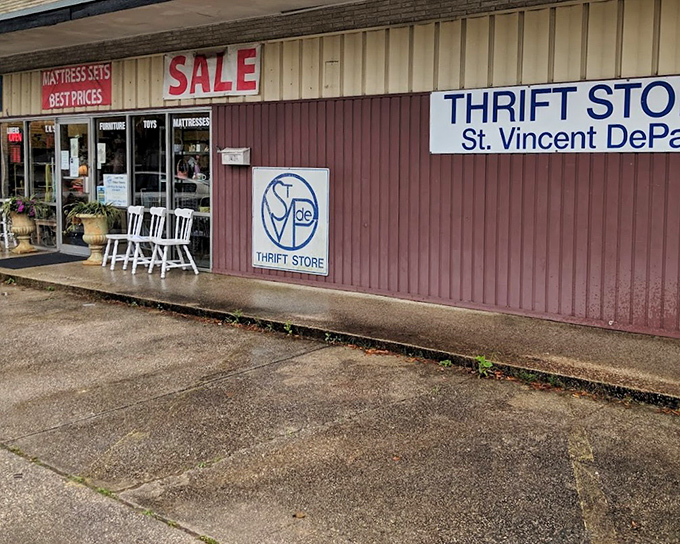 St. Vincent DePaul's classic storefront houses decades of thrifting tradition. Where bargains meet community spirit!