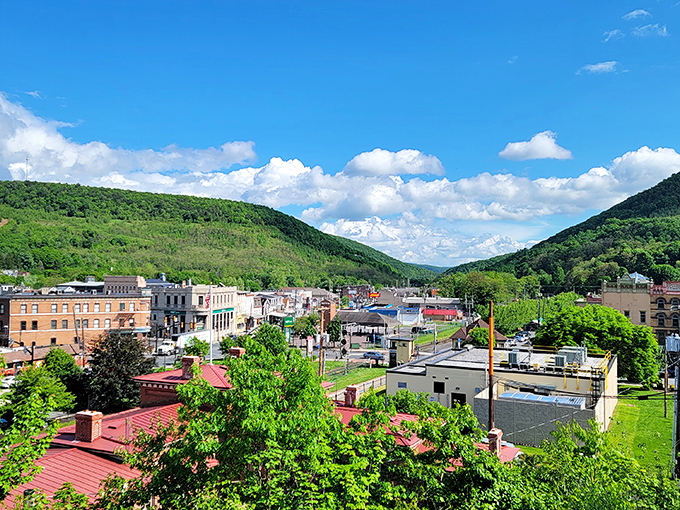 Nestled between green ridges, Tamaqua&rsquo;s downtown blends historic brick buildings with a backdrop of rolling Pennsylvania hills.