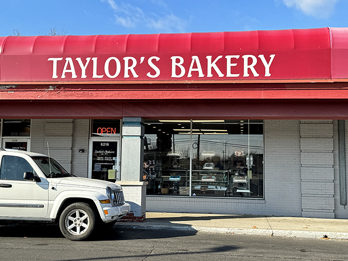 That bold red awning has been sheltering generations of Indianapolis donut lovers from rain and donut deprivation.
