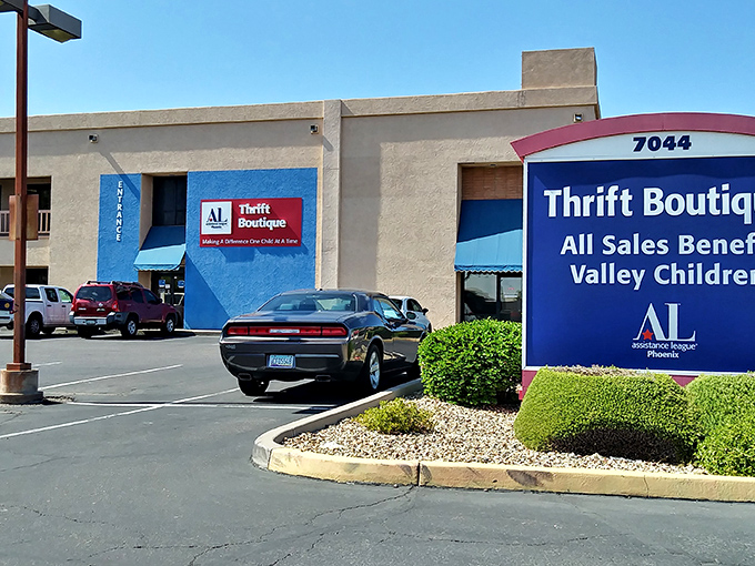 The Assistance League's bold blue facade stands out like a sapphire in Phoenix's neutral landscape.
