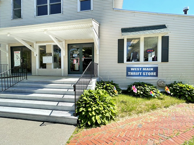West Main Thrift's charming house-turned-store welcomes visitors with flowering hostas and small-town charm.