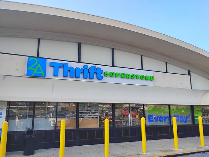 The bright yellow bollards stand guard over a thrift shopping experience that's anything but ordinary.