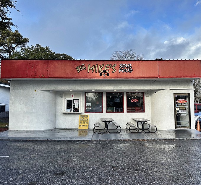 That bright orange awning is like a warm hug - promising soul-satisfying meals just blocks from the beach.