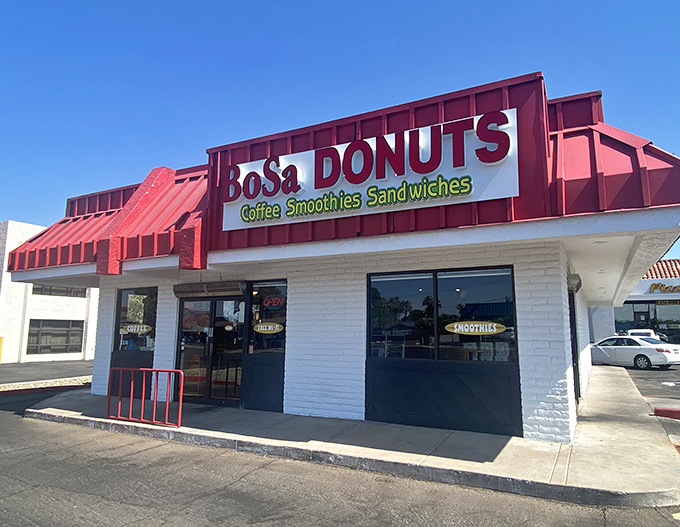 That classic donut shop architecture speaks the universal language of comfort and satisfaction. 