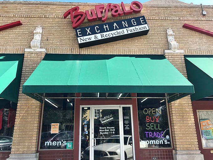 The green awnings of Buffalo Exchange invite fashion-forward thrifters to buy, sell, and trade their treasures.