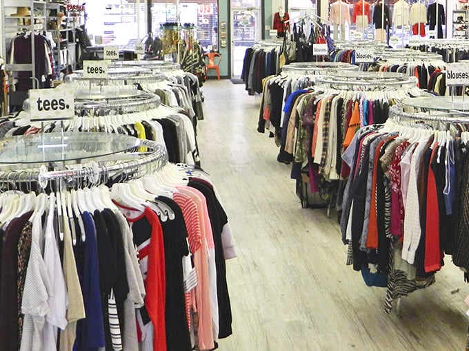 Modern displays and trendy presentation prove that thrift shopping can be both sustainable and seriously stylish.