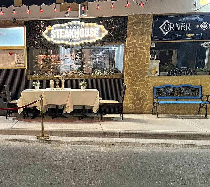 The twinkling lights frame CLASS Soiree like a Broadway marquee. This isn't just dinner&mdash;it's dinner with a supporting cast of ambiance and style.