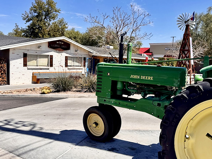 That vintage tractor isn't just decoration - it represents the honest, hardworking spirit found inside.