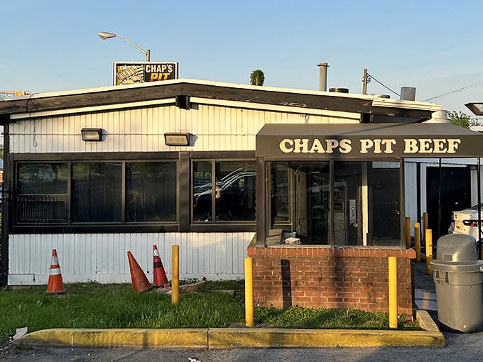 The simple white building houses Baltimore's most famous pit beef operation. Those traffic cones are basically saying "Deliciousness Ahead!"