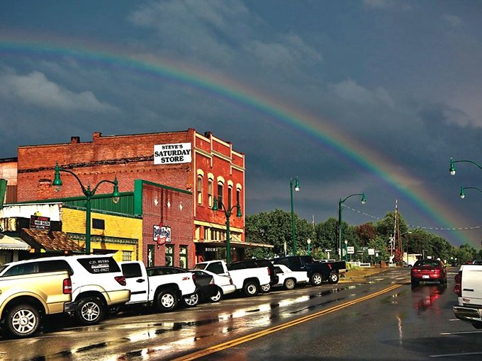After a rain shower, Claremore's Main Street glistens beneath a perfect rainbow &ndash; an affordable pot of gold for retirees on a budget.