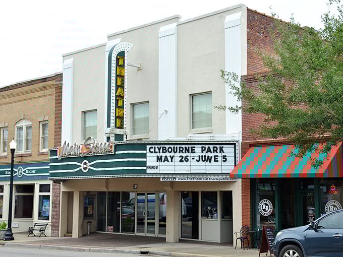 The historic Conway Theater marquee promises entertainment without emptying wallets. Small-town ticket prices mean more movie nights on a fixed income.