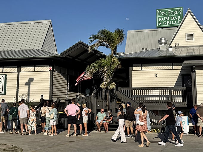 Worth the wait! Doc Ford's line of eager diners proves that combining Florida's literary heritage with fresh seafood creates an irresistible dining destination.