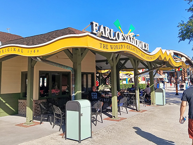 Those yellow awnings provide the perfect shady spot to enjoy hot sandwiches that would make any Earl proud.