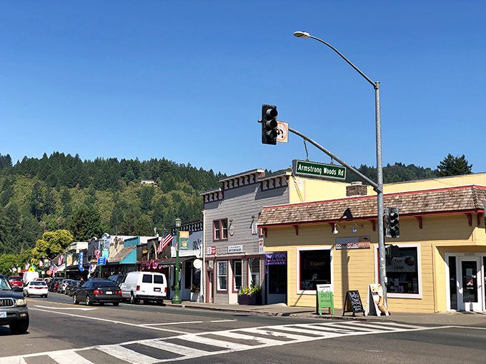 Colorful storefronts line Guerneville's downtown, creating a funky, laid-back atmosphere perfect for river town exploring.