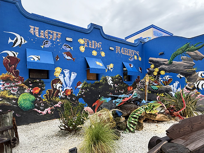 Those colorful sea creatures on the wall are basically saying, "Our seafood is so fresh, even the painted fish are jealous."