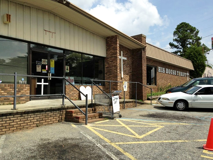 The brick building and welcoming entrance show that community-focused thrift stores offer both bargains and meaningful shopping experiences.