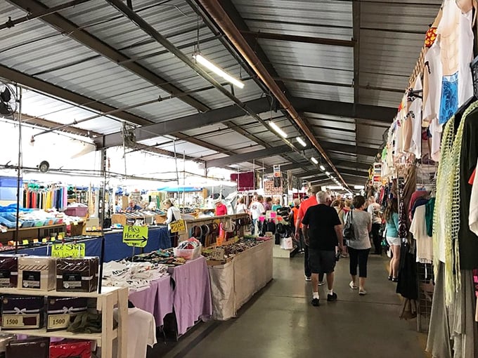 The organized chaos of this indoor market creates perfect conditions for serious treasure hunting in comfortable surroundings.