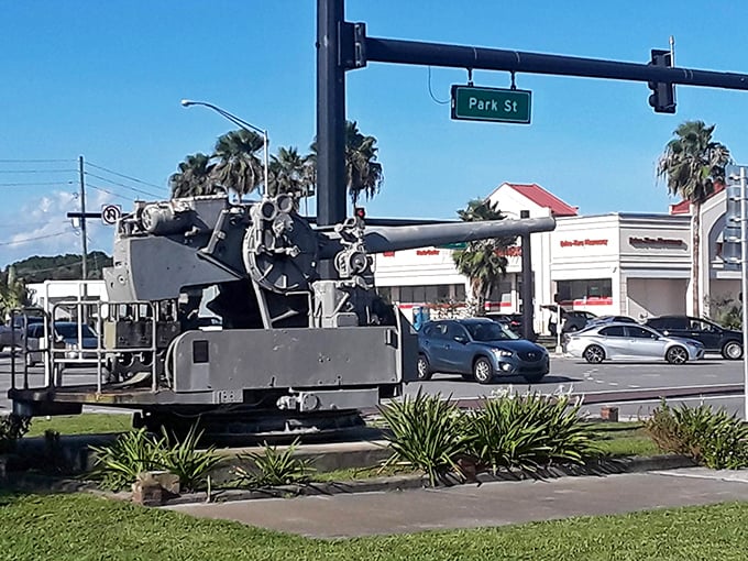 Military hardware display reminds visitors that this lakeside town honors both its peaceful present and proud past.