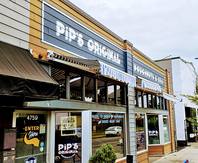 "Made-to-order doughnuts" promises the window of Pip's Original, housed in a stylish building with blue and wood accents that screams "Portland" in the best possible way.