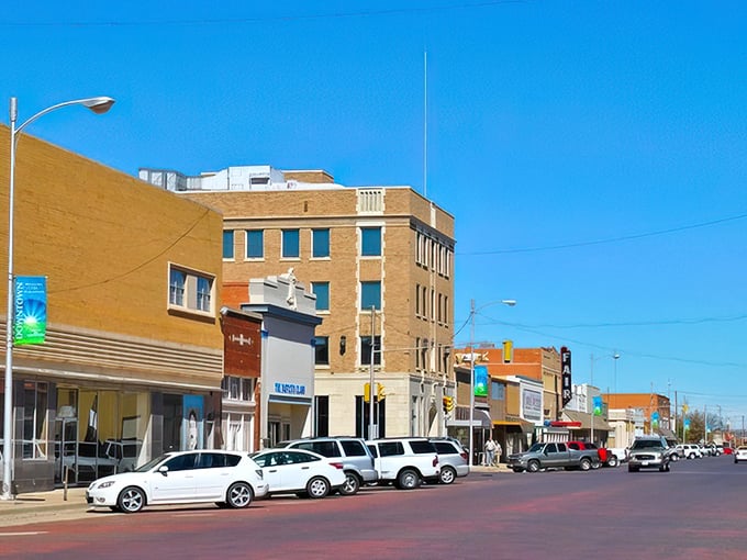 The warm brick tones of Plainview's main street create a welcoming palette that feels quintessentially Texan&mdash;sturdy, unpretentious, and built to last.