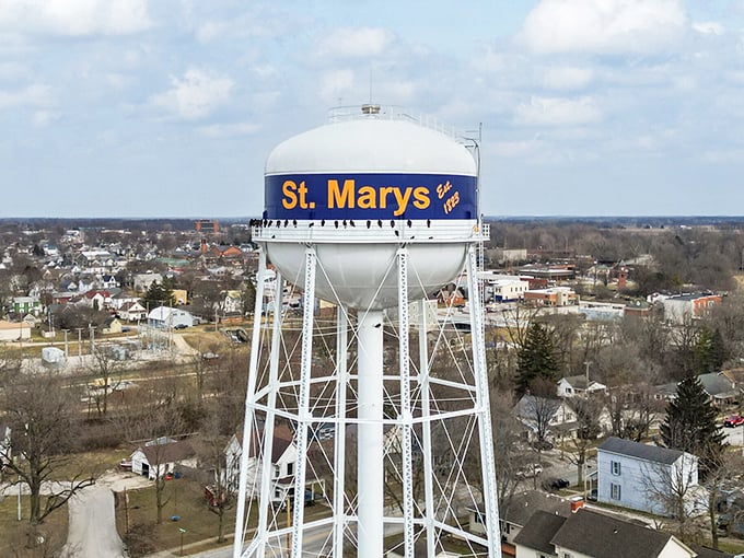St. Marys' iconic water tower stands sentinel over the town, proudly announcing its name to visitors and passing clouds alike.
